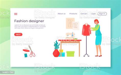 패션 디자이너 여성 재단사 캐릭터 온라인 웹 응용 프로그램 웹 사이트 배너 템플릿 방문 웹 페이지 모바일 앱 평면 벡터 일러스트 레이 션 개념에 대한 스톡 벡터 아트 및