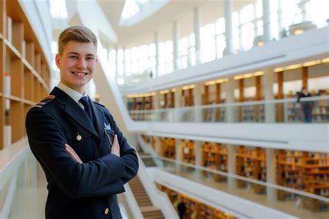 Premium Photo Confident Young Cadet In Uniform In A Library Military