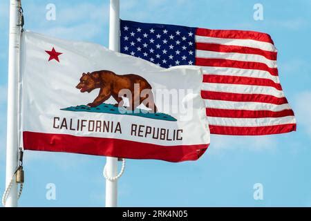 California Republic Bear Flag And Us American Flags Floating On Poles