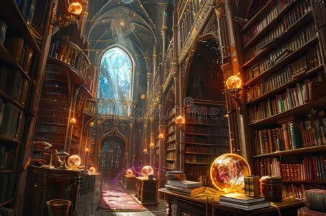 An Ancient Library Filled with Magical Books, Glowing Orbs. Resplendent ...