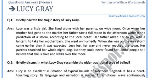 Practical Centre Lucy Gray Poem Questions Answers English Xi
