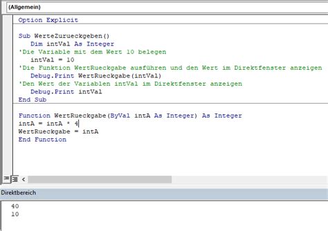 VBA Funktion Aufrufen Rückgabewert und Parameter Automate Excel