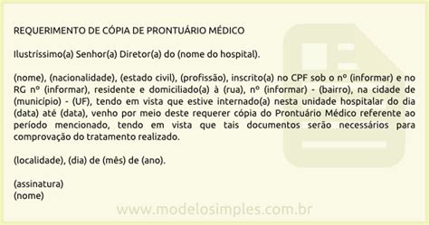Modelo De Requerimento De Cópia Do Prontuário Médico