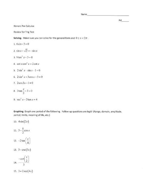 Pd Honors Pre Calculus Review For Trig Test Solving Make Sure