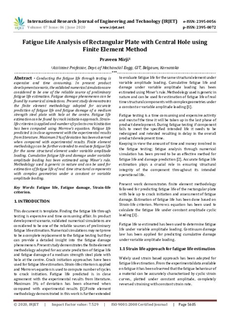 Pdf Irjet Fatigue Life Analysis Of Rectangular Plate With Central Hole Using Finite Element