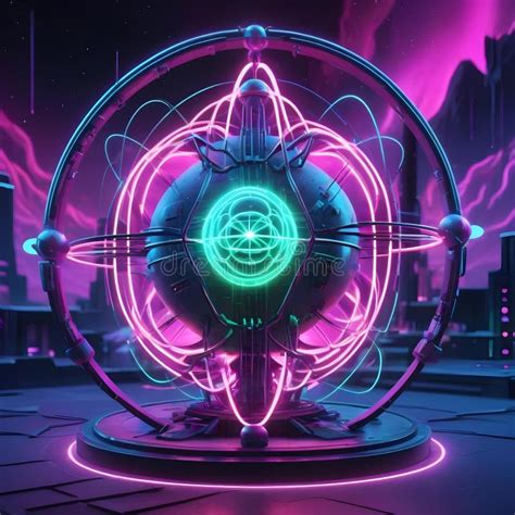 Cyberpunk Atom Neon Pink Purple Vision Of Atomic Structure Energy And Orbits Stock Illustration