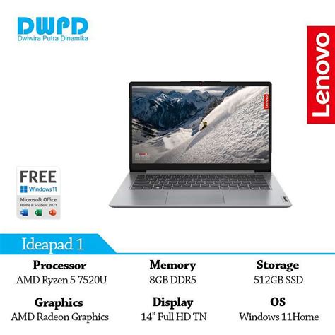 Promo Lenovo Ideapad 1 AMD Ryzen 5 7520U 8GB DDR5 512GB SSD 14 FHD TN Integrated AMD Radeon