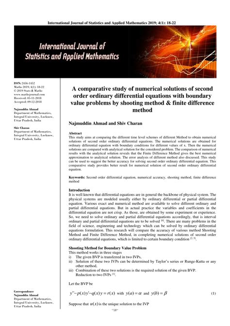 PDF A Comparative Study Of Numerical Solutions Of Second Order Ordinary Differential Equations