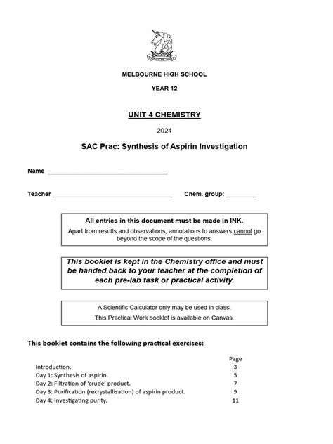 synthesis of aspirin prac outline 2024 final pdf thin layer