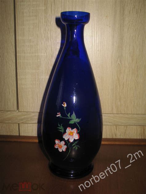 Ваза вазочка цветное синее кобальт кобальтовое стекло роспись цветы