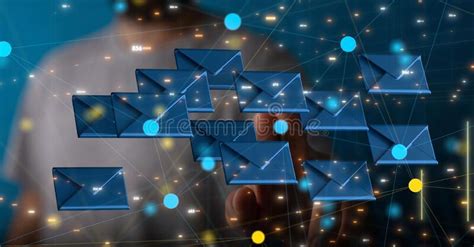 3d rendering of email icons and binary codes with hand tapping on it