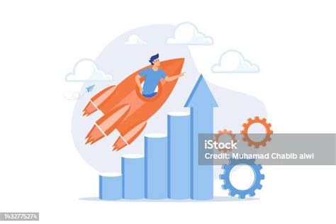 성공 성과 경력 포부 직업 승진 개인 성장 동기 부여 된 노동자 로켓을 타고 날아 다니는 사업가 동기 부여 및 결단력 플랫 벡터 현대 일러스트 레이 션 개념에 대한 스톡