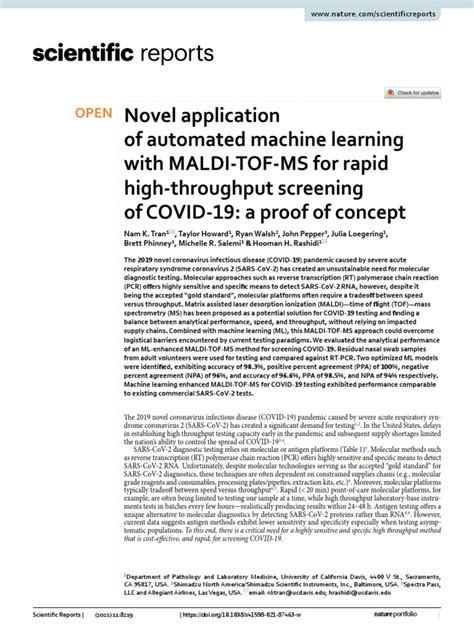 Novel Application Of Automated Machine Learning With Maldi Tof Ms For Rapid High Throughput