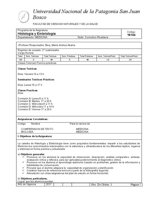 Programa Histología Y Embriología 2017 Andrea Pdf Hueso Riñón