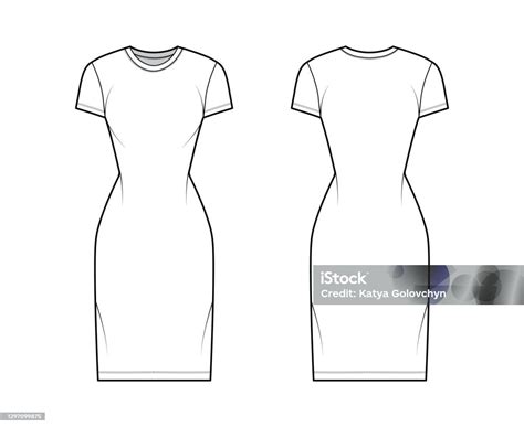 크루 넥 반소매 무릎 길이 슬림핏 펜슬 풀감이 있는 T 셔츠 드레스 테크니컬 패션 일러스트 플랫 0명에 대한 스톡 벡터 아트 및