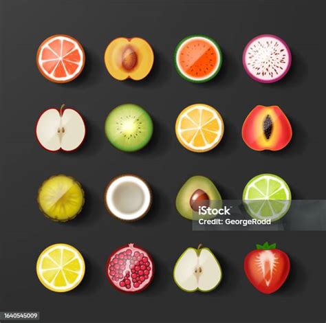 과일 아이콘 반쪽 집합입니다 수박 레몬 사과 딸기 복숭아 아보카도 키위 오렌지 아이콘 딸기에 대한 스톡 벡터 아트 및 기타 이미지 Istock