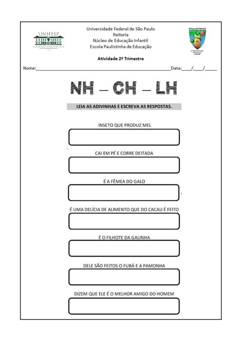 ORTOGRAFIA NH - LH - CH - ATIVIDADES DE LÍNGUA PORTUGUESA.