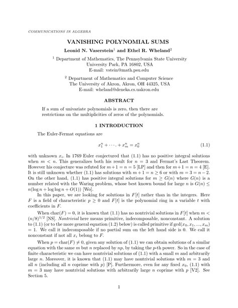 Pdf Vanishing Polynomial Sums