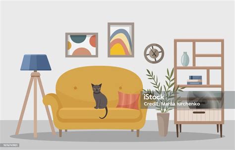 노란색 소파와 책장이 있는 아늑한 거실 고양이는 소파에 앉아 있다 가정용 가구 소파 그림 램프 집 꽃 책장이 있는 거실 인테리어 벡터 0명에 대한 스톡 벡터 아트 및 기타