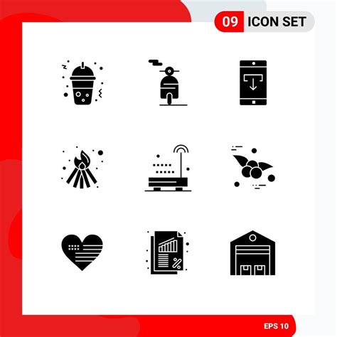 Universal Icon Symbols Group Of 9 Modern Solid Glyphs Of Technology Radio Download Devices Fire