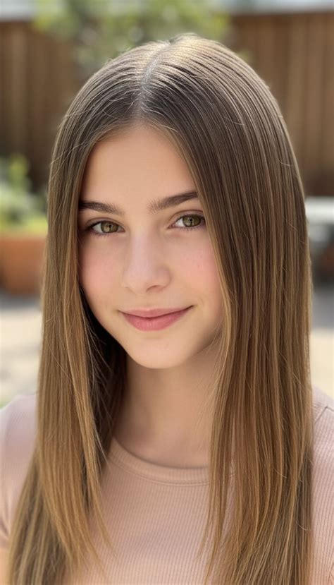 Soft Mocha Brown Long Straight Haircut With Center Part For 14 Year Old