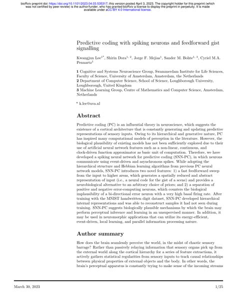 Pdf Predictive Coding With Spiking Neurons And Feedforward Gist