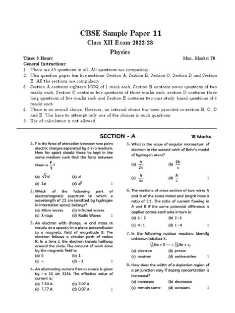 physics sqp 10 latest 2023 class 12 cbse pdf