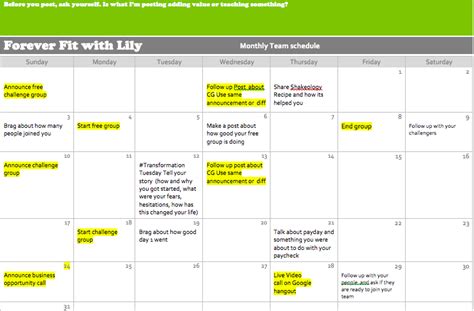 Team ForeverFit Sample Calendar Scheduling Challenge Groups