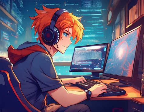 Man Playing Video Games And Coding Software In Anime Style Illustration Stock Image Image Of