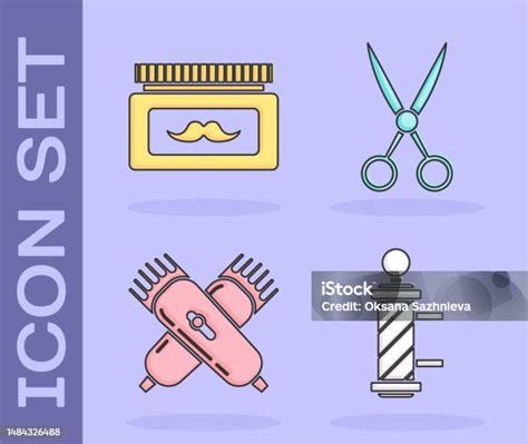 클래식 이발소 기둥 크림 또는 로션 화장품 용기 교차 전기 이발 또는 면도기 및 가위 미용사 아이콘을 설정합니다 벡터 가위에 대한 스톡 벡터 아트 및 기타 이미지 Istock