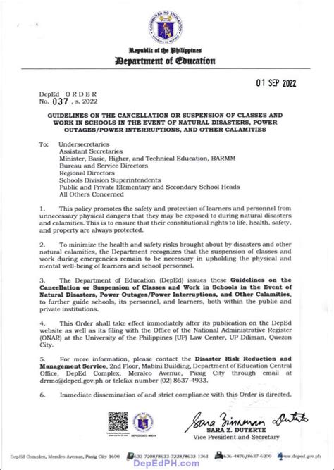 Deped Order 37 Series Of 2022 Suspension Of Classes Due To Disasters And Calamity Deped Ph