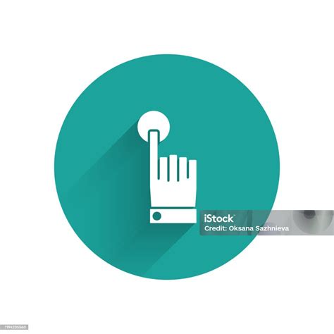 긴 그림자로 격리 된 화이트 핸드 터치 및 탭 제스처 아이콘 여기 손가락 터치 포인터 커서 마우스 기호 녹색 원 버튼입니다 벡터 일러스트레이션 개념에 대한 스톡 벡터 아트