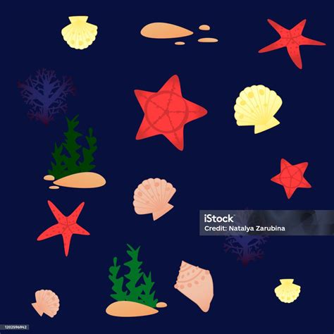 진한 파란색 배경에 불가사리 조개 조개 및 조류의 색상 벡터 세트 여름 해양 디자인의 요소와 그림 Central London에
