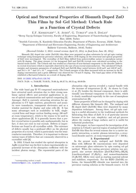 Pdf Optical And Structural Properties Of Bismuth Doped Zno Thin Films By Sol Gel Method