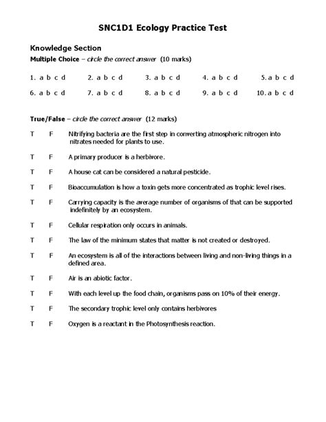 Copy Of Ecology Practice Test Snc1d1 Ecology Practice Test Knowledge Section Multiple Choice