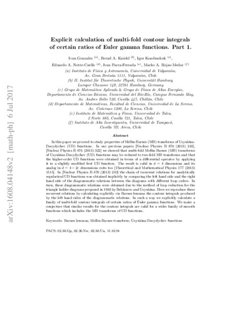 Pdf Explicit Calculation Of Multi Fold Contour Integrals Of Certain Ratios Of Euler Gamma