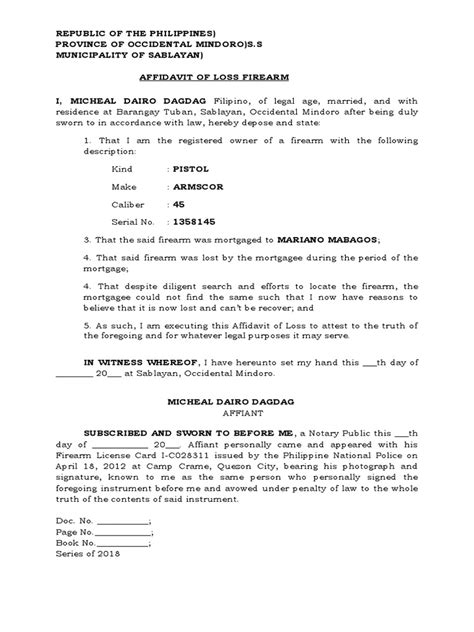 Affidavit Of Loss Firearm