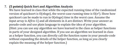 solved 5 points quick sort and algorithm analysis we have