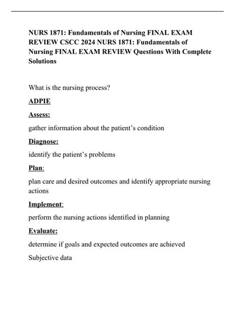 Nurs 1871 Fundamentals Of Nursing Final Exam Review Cscc 2024 Nurs 1871 Fundamentals Of