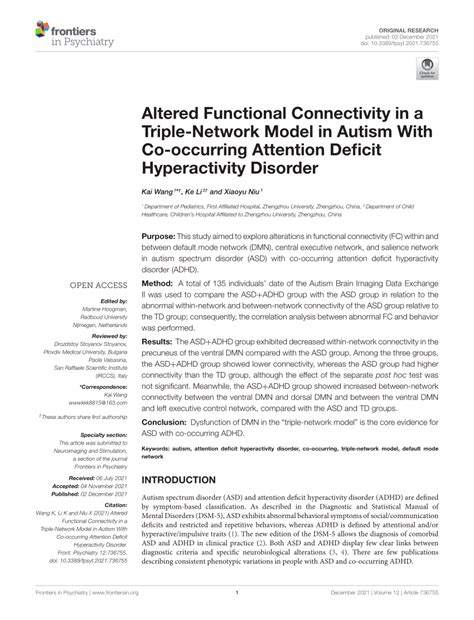 Pdf Altered Functional Connectivity In A Triple Network Model In Autism With Co Occurring
