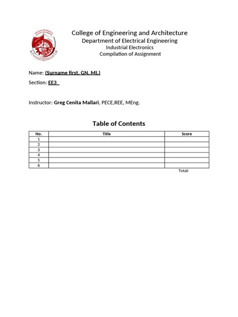 assignment table of contents with logo pdf