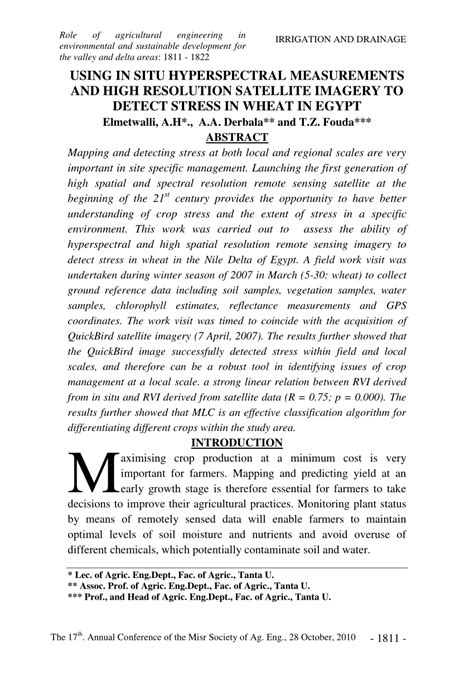 Pdf Using In Situ Hyperspectral Measurements And High Resolution Satellite Imagery To Detect