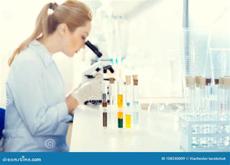 Female Lab Worker Analyzing Sample Under Microscope Stock Image Image Of Profession Adult