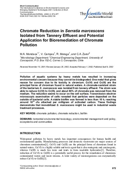 Pdf Chromate Reduction In Serratia Marcescens Isolated From Tannery