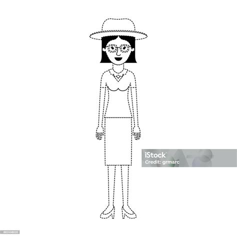 모자와 안경와 블라우스와 치마와 뒤꿈치 신발 검은 점선 실루엣 짧은 스트레이트 머리와 여성 건강한 생활방식에 대한 스톡 벡터