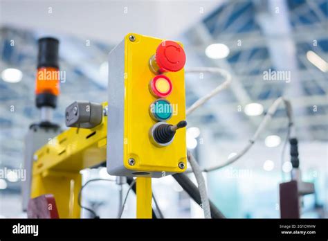 Machine Control Panel With Push Buttons And Switches Emergency Stop At Factory Stock Photo Alamy