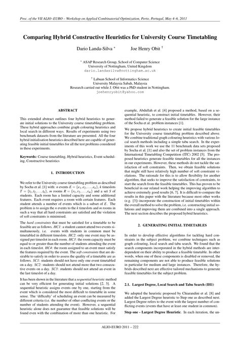 Pdf Comparing Hybrid Constructive Heuristics For University Course Timetabling