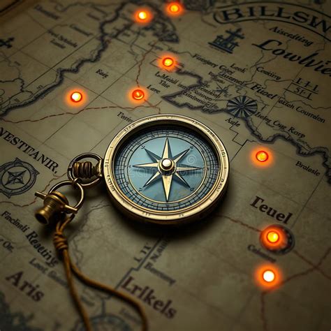 A Brass Compass On An Ancient Map With Glowing Markers Stock Illustration Illustration Of