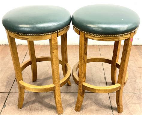 Lot Pair Of Douglas Furniture Oak And Leather Stools