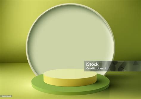 3d 사실적인 제품은 녹색 배경에 원형 배경 최소한의 벽 장면이 있는 녹색과 노란색 연단 계단을 표시합니다 담 경계에 대한 스톡 벡터 아트 및 기타 이미지 Istock